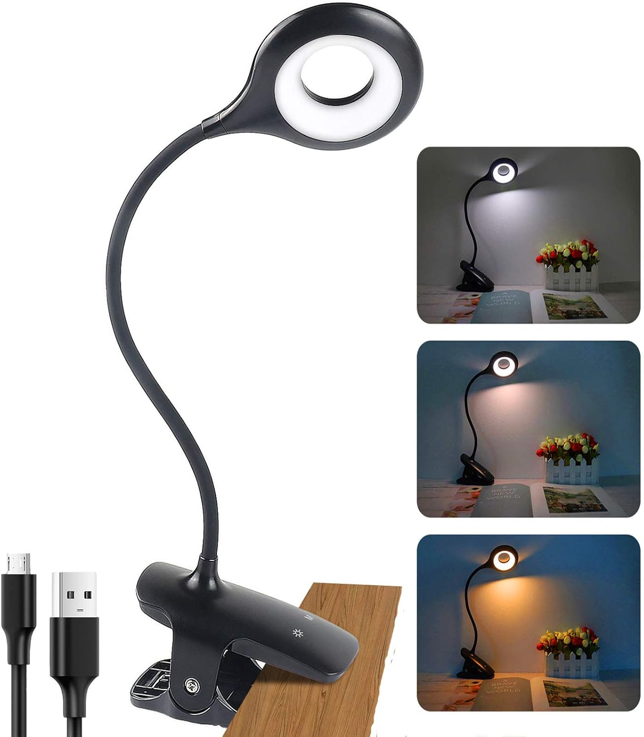 Reading Lamp 28 LEDs Clamp Lamp LED Bed USB Rechargeable 3 Colours with ...
