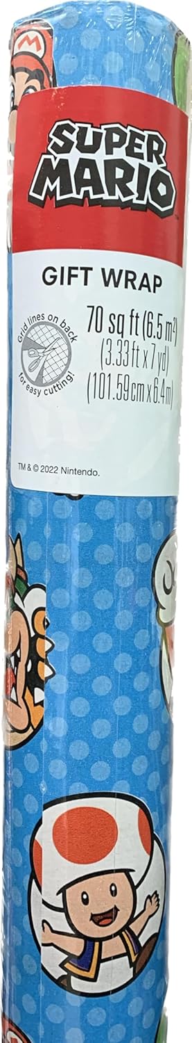 Amazon.com: Gift Wrapping Paper, Mario Light Blue Xmas, 1 Roll Premium ...