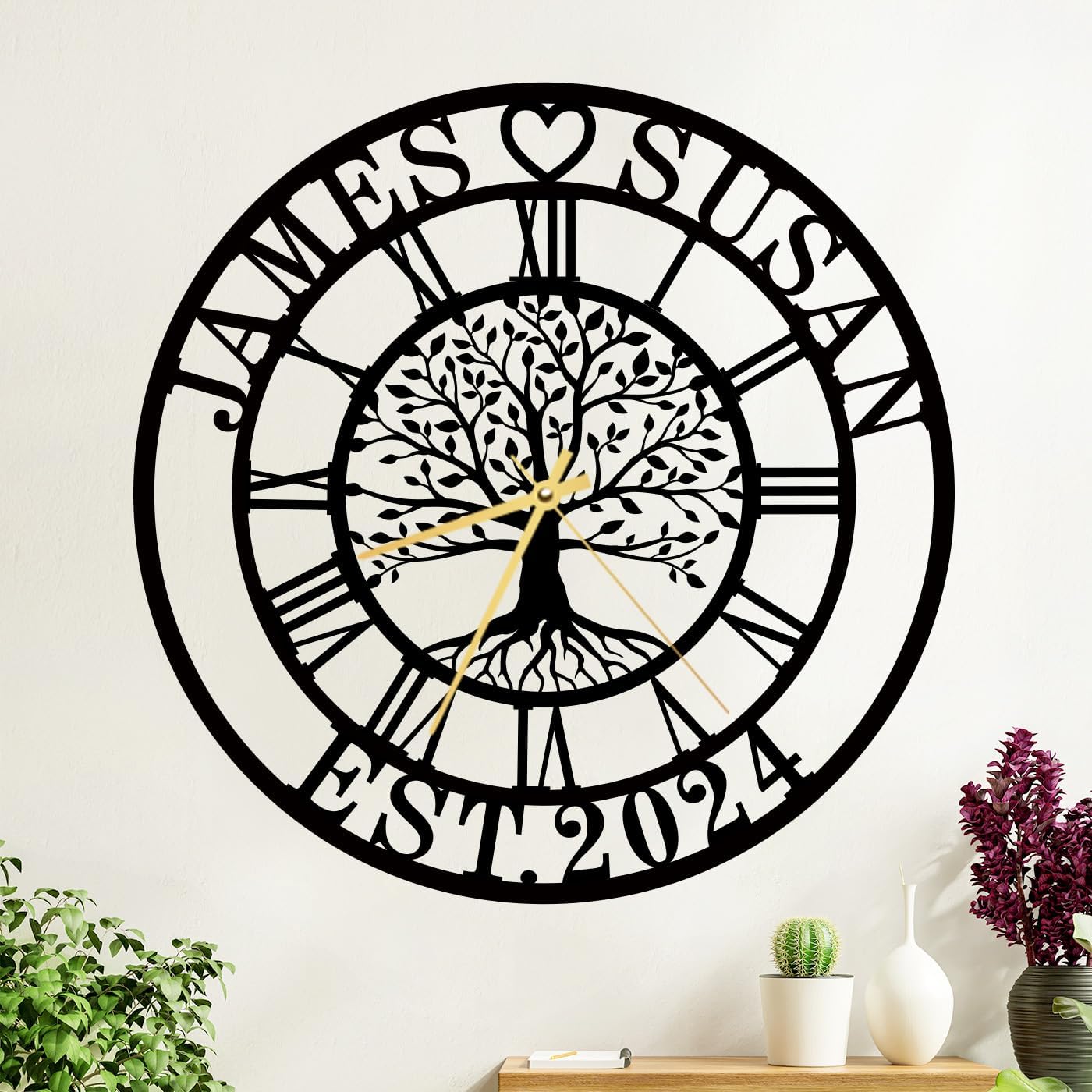 Amazon.com: EXUNART Personalized Metal Large Wall Clock, Tree of Life Wall Decor Clock, Custom ...