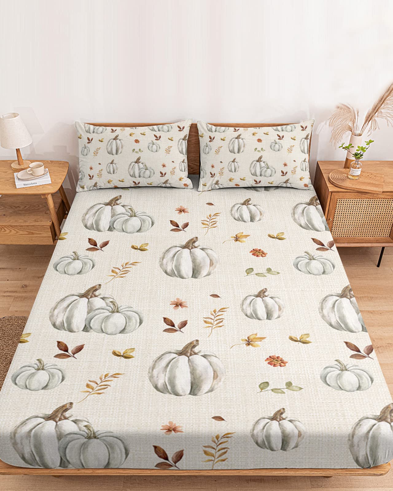 Amazon.com: Harvest Pumpkin with Fall Leaves Fitted Bed Sheets King ...