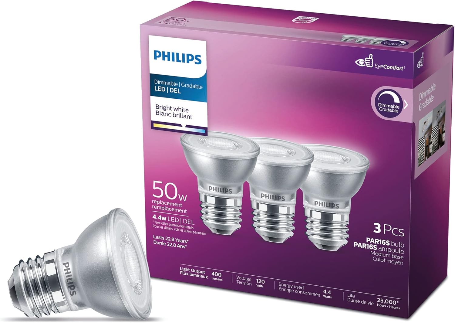 6W PAR16 Medium Base Bright White Dimmable LED Light Bulbs - 3 Pack ...