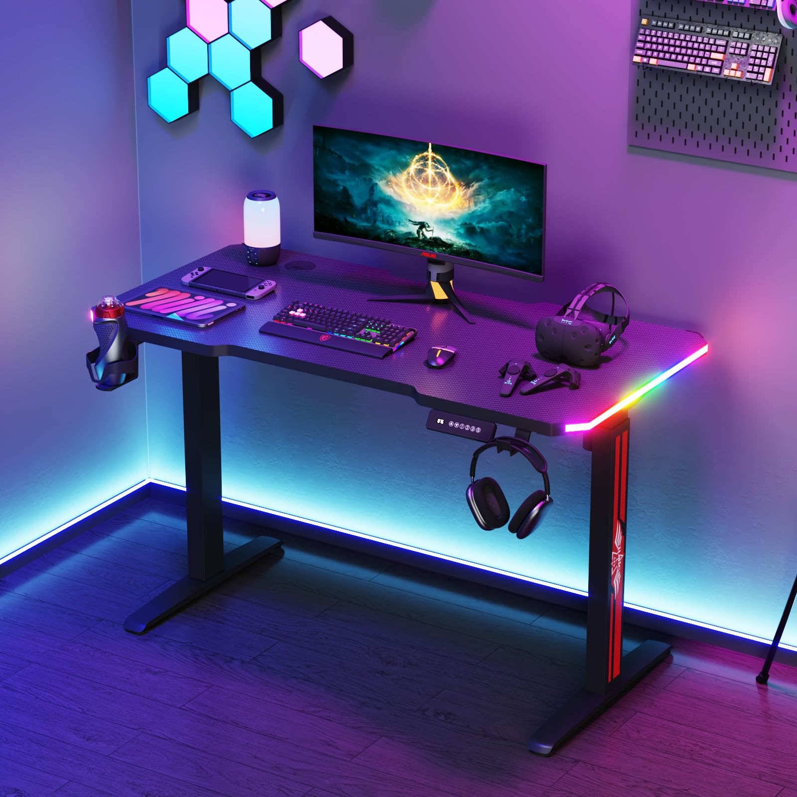 Advwin Electric Standing Desk, Gaming Desk RGB LED, Carbon Fiber ...