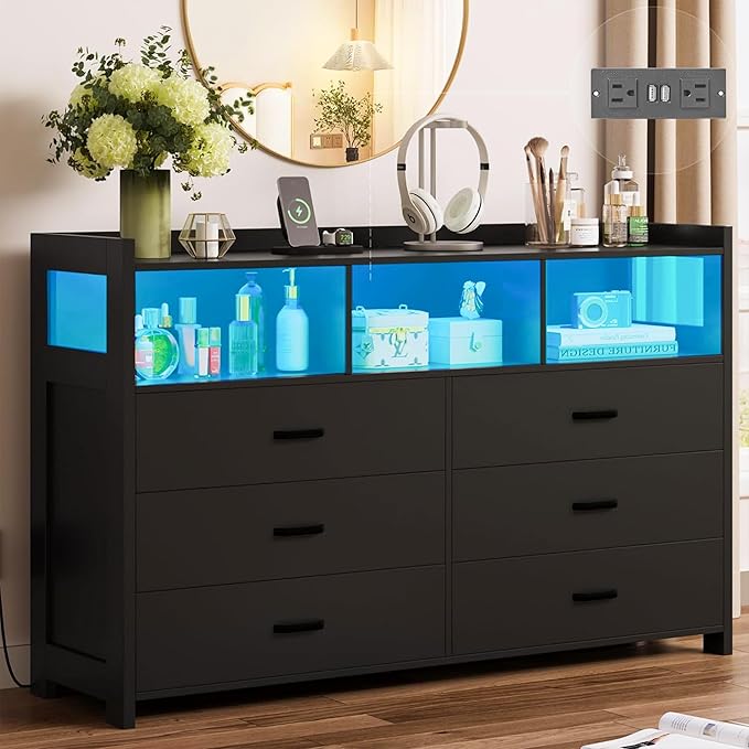 Amazon.com: Whalefall Black LED Dresser for Bedroom, 6 Drawer Dressers ...