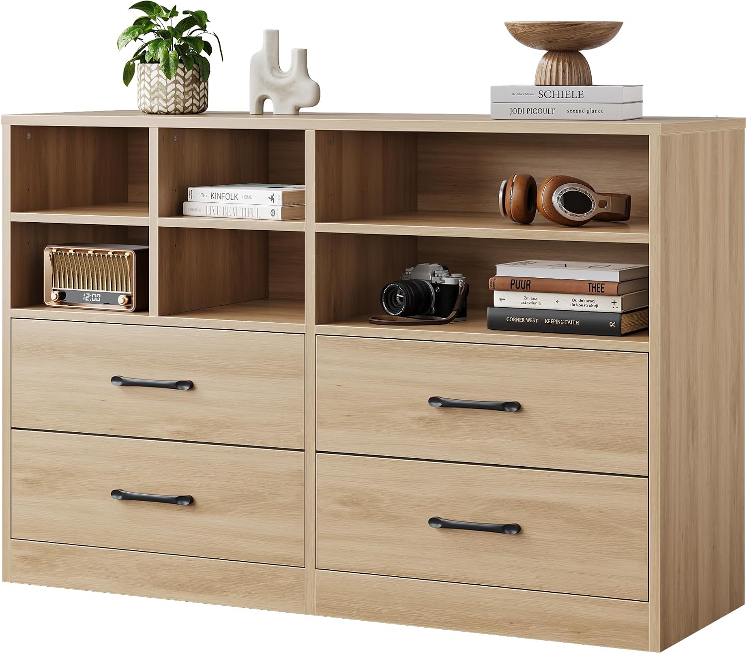 Amazon.com: Bedroom Dresser with 4 Drawers & 6 Open Shelves, Modern Oak ...