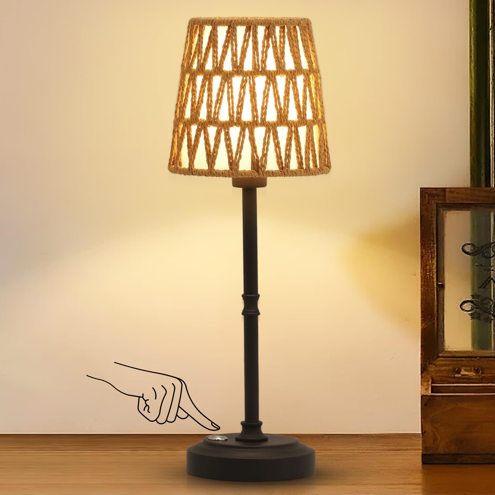 Boho Cordless Table Lamp With Dimmer, Rattan Rechargeable Table Lamp ...