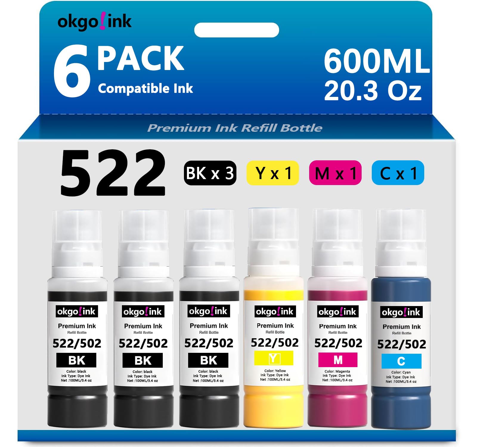Amazon.com: okgo 522 T522 Ink High Capacity Refill Bottles (20.3 Fl Oz ...