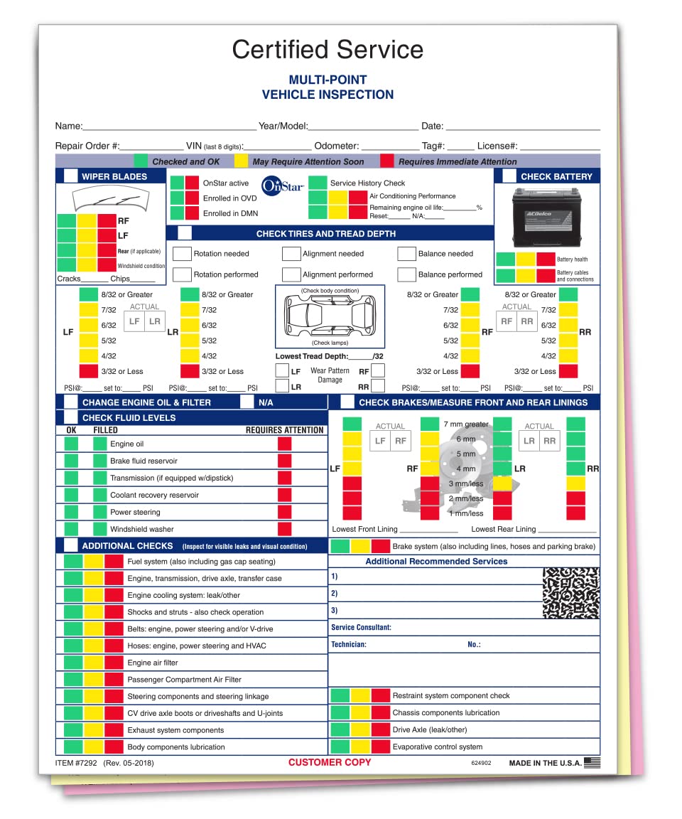 Pack of 250 Sheets GM Multi-Point Vehicle Inspection Report - 3 Part ...