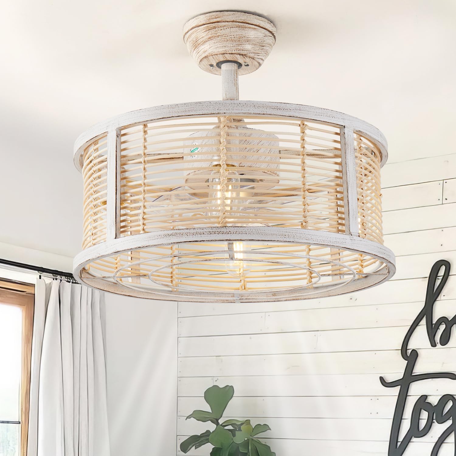 hummingbird 20 Inch Rattan Caged Ceiling Fan with Light, Boho White ...