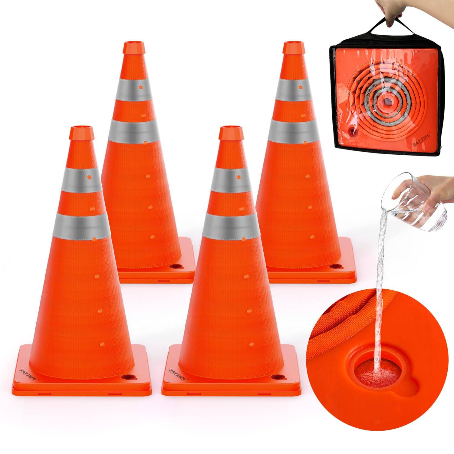 Snapklik.com : BATTIFE 4 Pack 18 Inch Collapsible Traffic Safety Cones