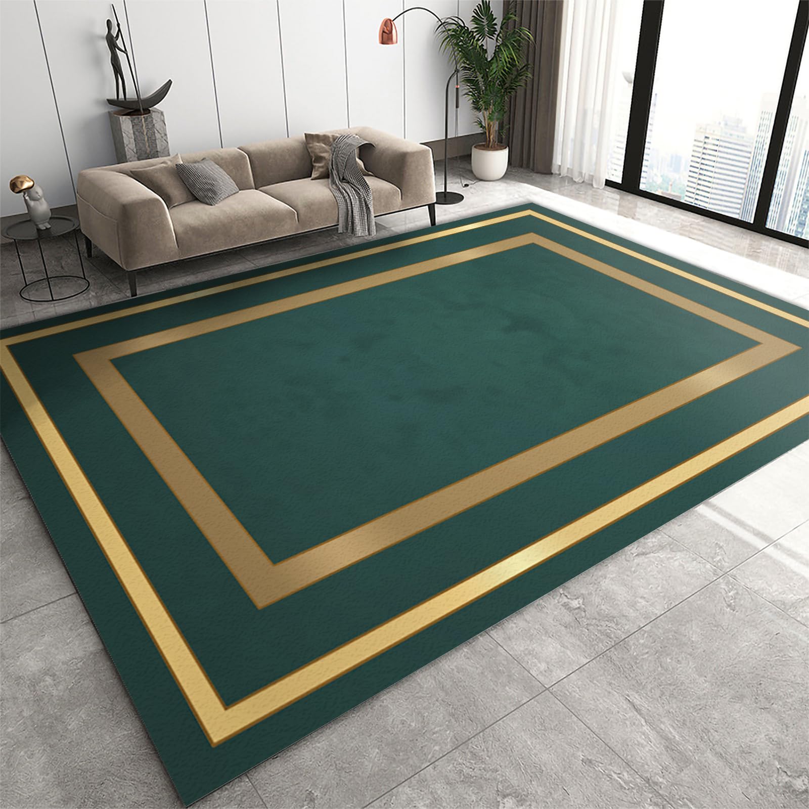 Amazon.com: Luxury Emerald Green 4x5 Indoor Area Rug, Gold Rectangle ...