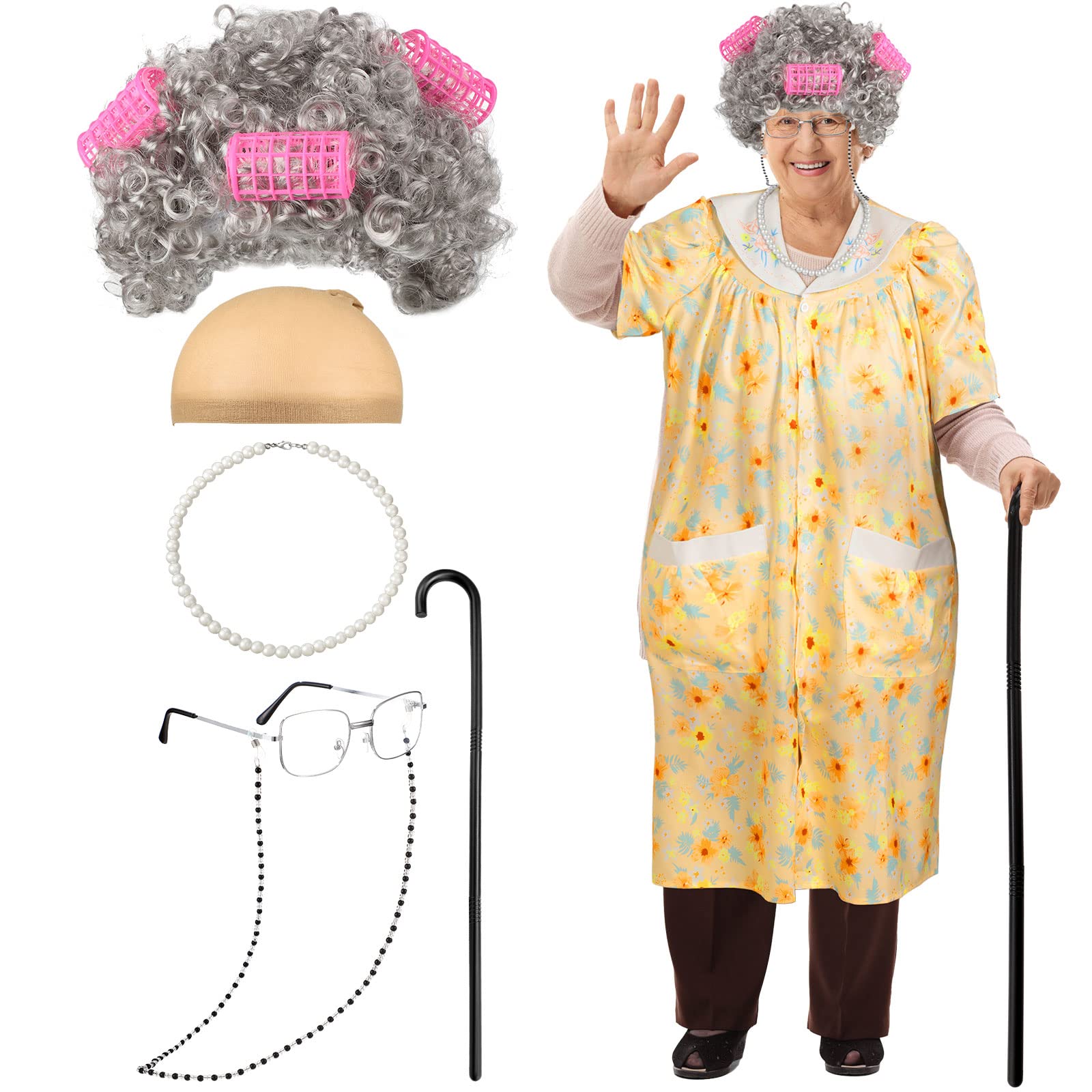 Amazon.com: Jiuguva 7 Pcs Old Lady Costume for Girls Women 100th Days ...