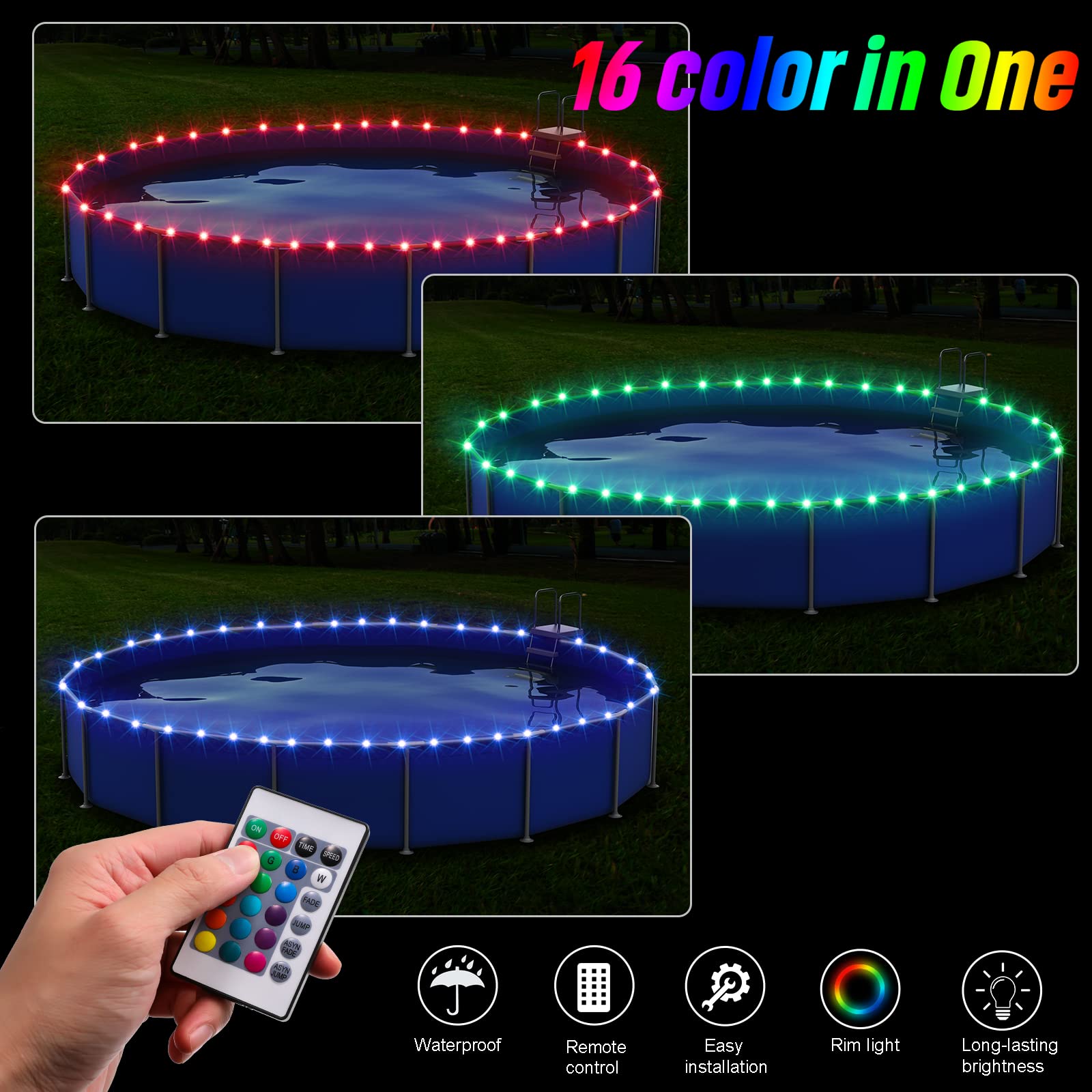 Remote Control LED Pool Lights for Above Ground Pools, 18Ft Submersible ...