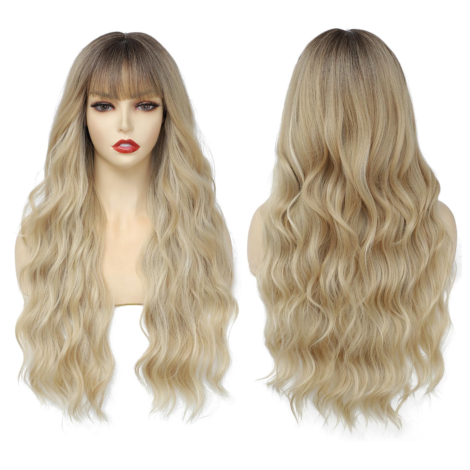 Amazon.com : Lovenia-Ombre Blonde Wig with Bangs Long Wavy Wig for ...