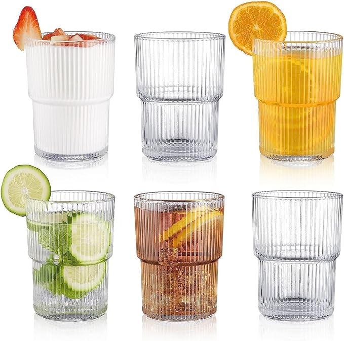6 Pack 6oz Ribbed Glassware, Stackable Fluted Drinking Cups, Mini ...