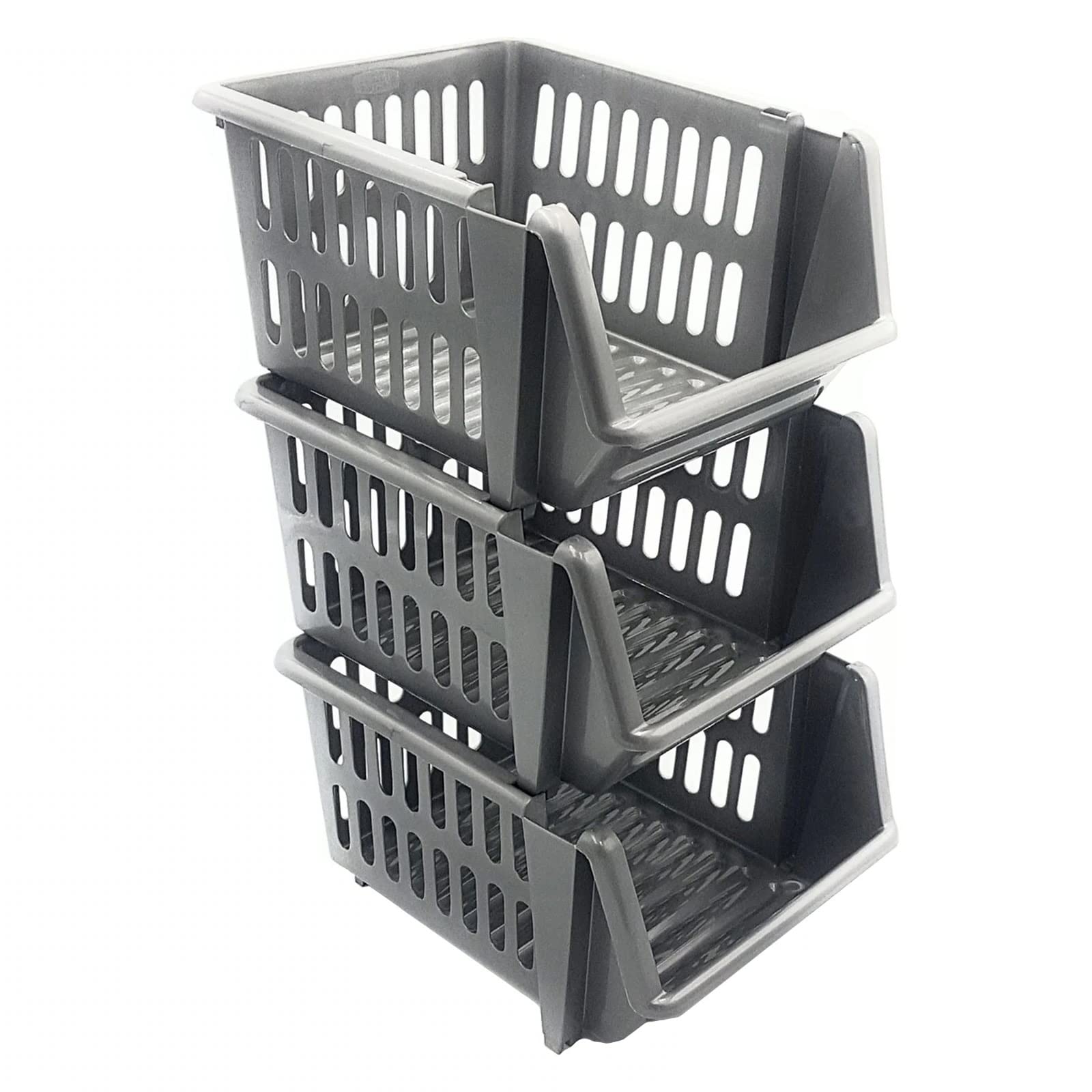 Monal Silver Set of 3 Plastic Stacking Basket Multi-Purpose Storage ...