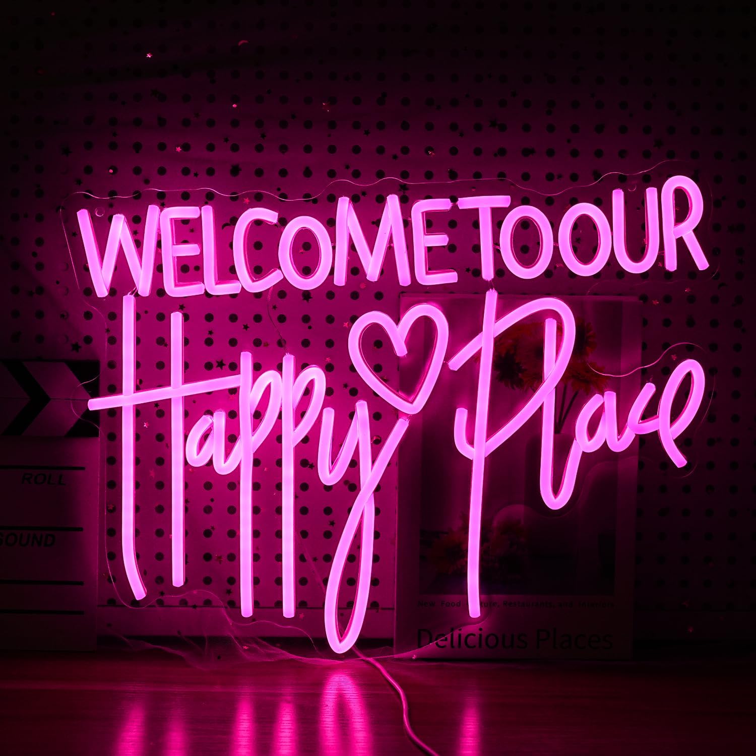 LIUOZHTEA Welcome To Our Happy Place Neon Sign LED Pink Our Happy Place ...