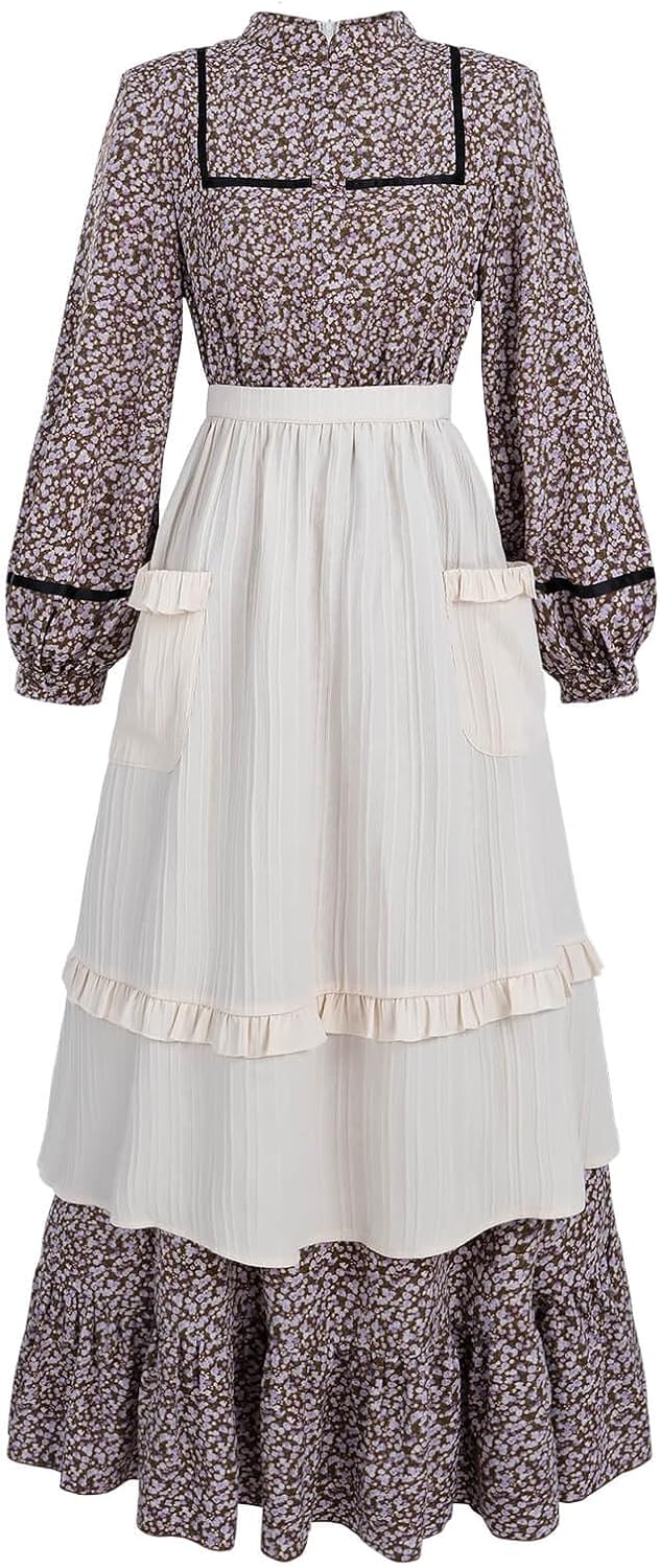 Amazon.com: Nuoqi Prairie Dress Women Pioneer Dress Long Adult Colonial Costume with Apron Brown ...
