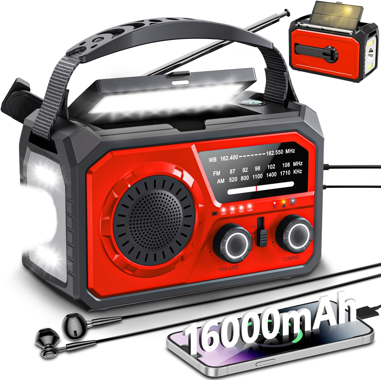 Amazon.com: Emergency Radio Solar Crank Battery - 16000mAh/59200mWh ...