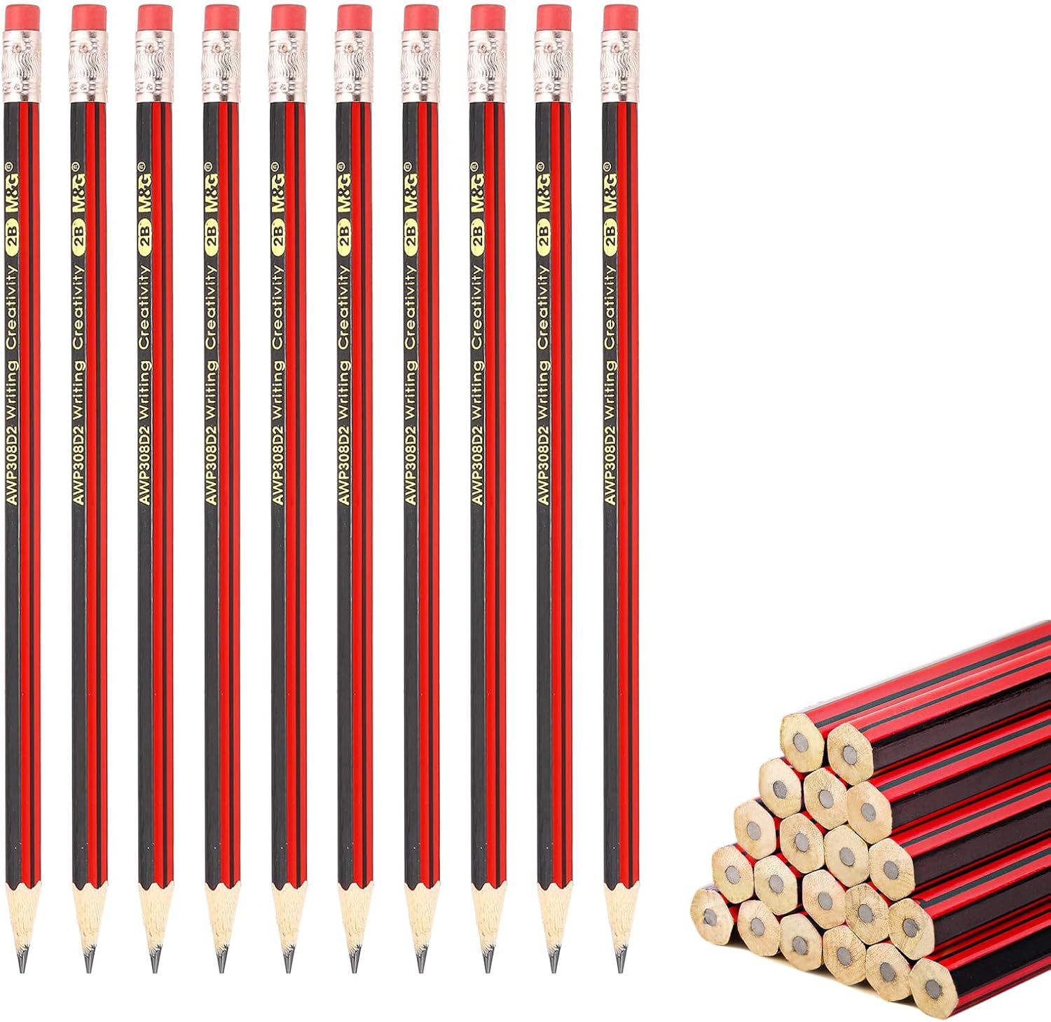 CWWYQ 10 Pcs 2B Graphite with rubbers, Wooden Hexagonal Pencils, Penci ...