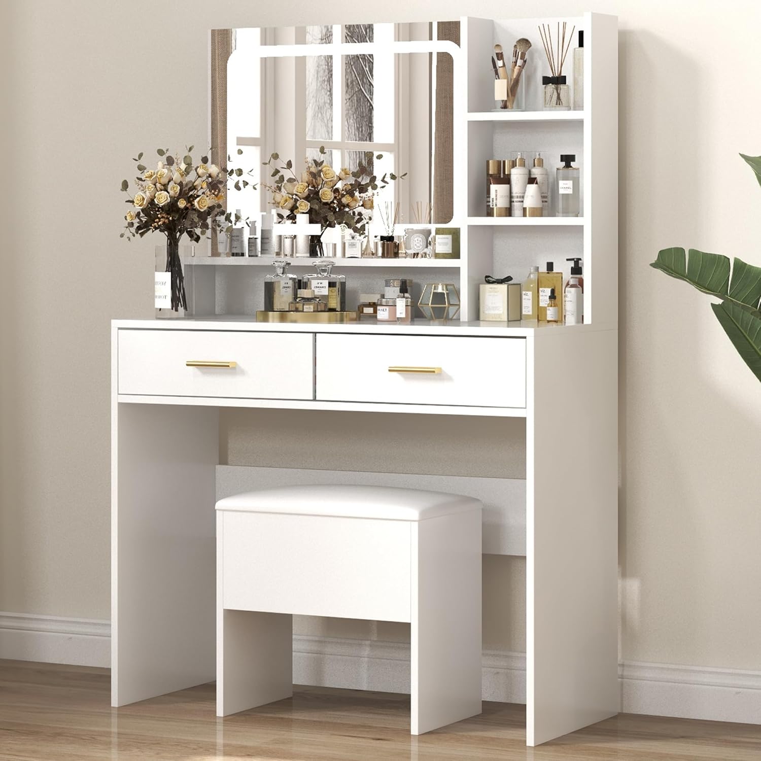 Amazon.com: LYNSLIM Vanity Desk, Makeup Vanity with Mirror & LED Lights ...