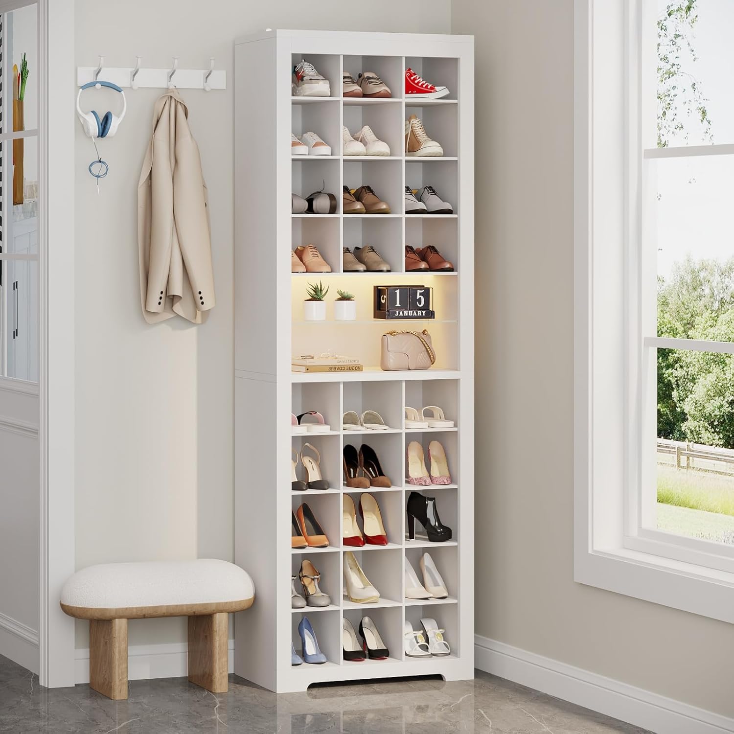 Amazon.com: 11-Tier Shoe Storage Cabinet, Wooden White Shoe Rack with ...