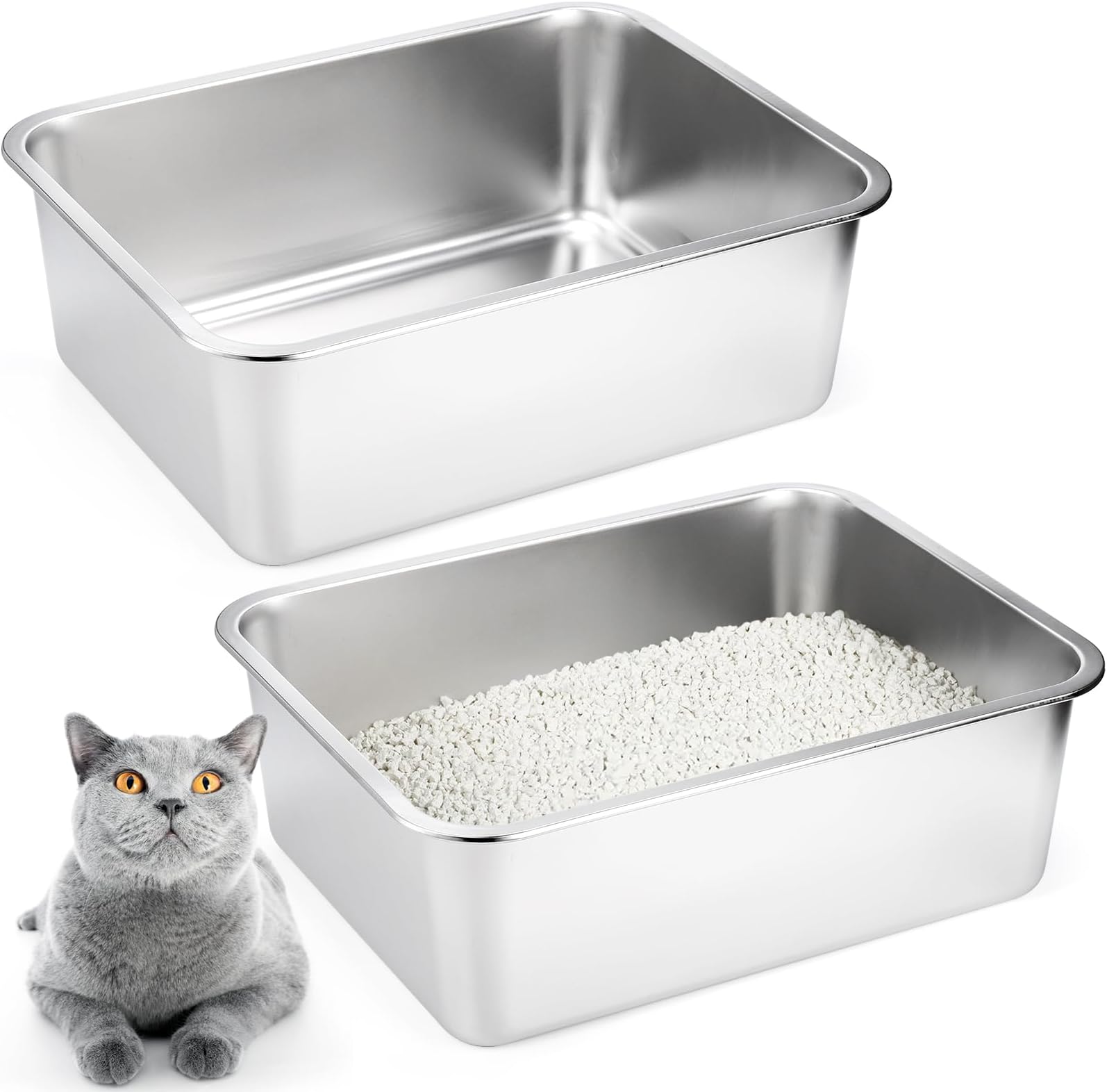 Arenero para Gato Inoxidable, Caja de Arena para Gatos con Lado Alto de ...