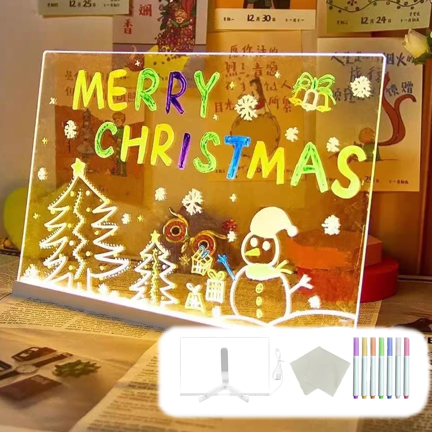 LED Note Board with 7 Colors Pen, 30x20 cm LED Drawing Board with Stand ...