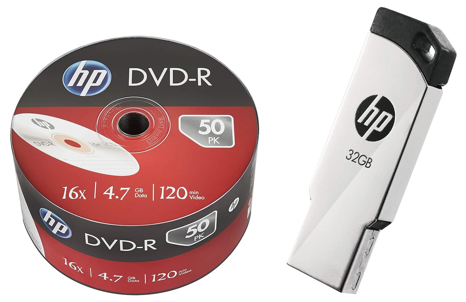 HP DVD-R 4.7GB 50 Blank DVD Wrap 16x Speed & v236w 32GB USB 2.0 Pen ...