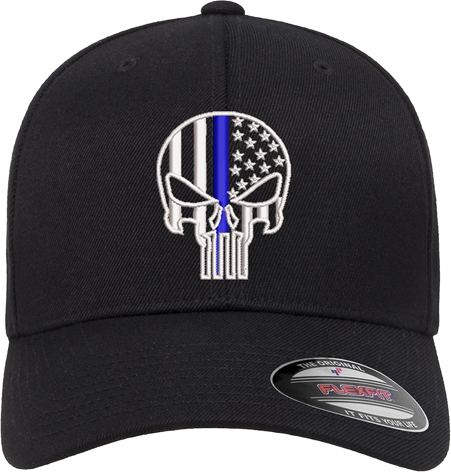 Thin Blue Line Skull USA Flag Flexfit Hat (S-M Curved Brim, Black) at ...