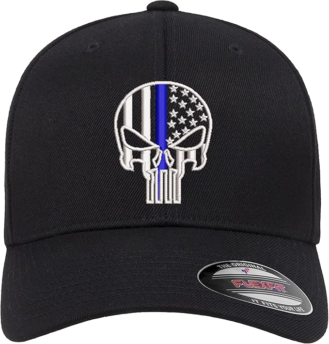 Thin Blue Line Skull USA Flag Flexfit Hat (L-XL Curved Brim, Black) at ...