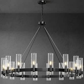 YIOSI 48 Inch Black Chandelier, Wagon Wheel Chandelier with Glass Shade ...
