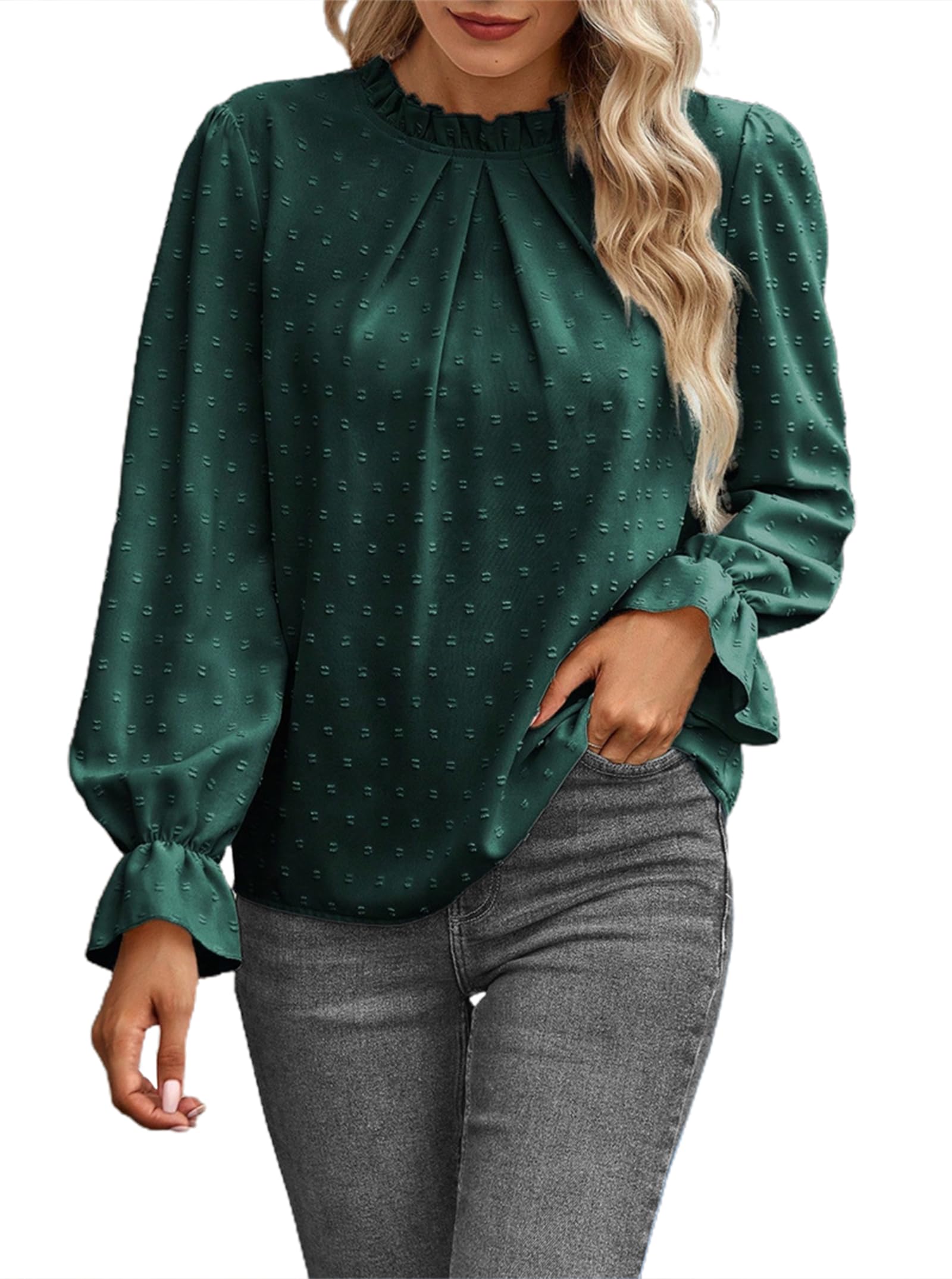 Remidoo Women's Leopard Printed Ruffle Hem Mock Neck Puff Sleeve Blouse ...