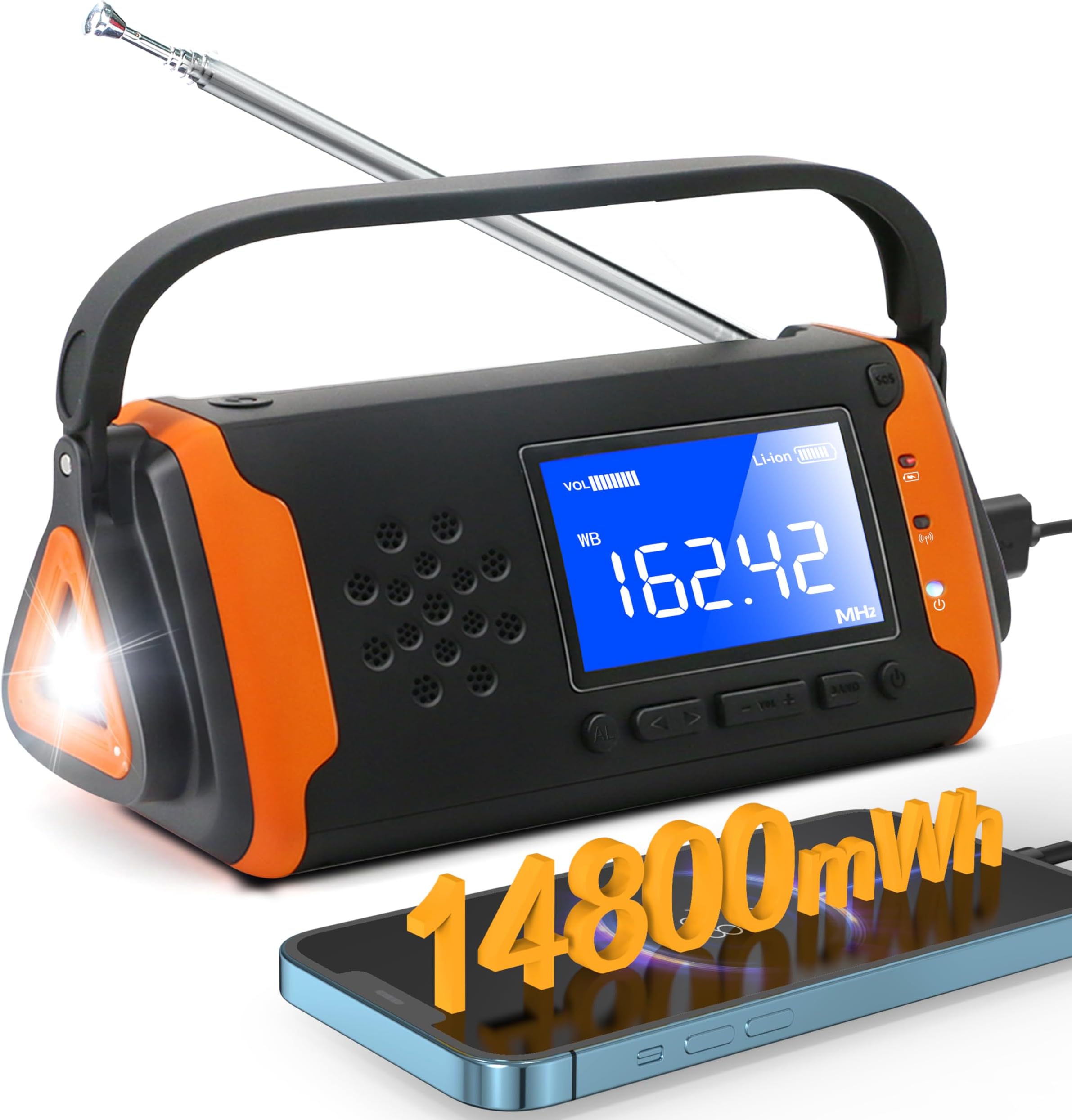 Amazon.com: 14800mWh Emergency NOAA Weather Alert Radio: Hand Crank ...