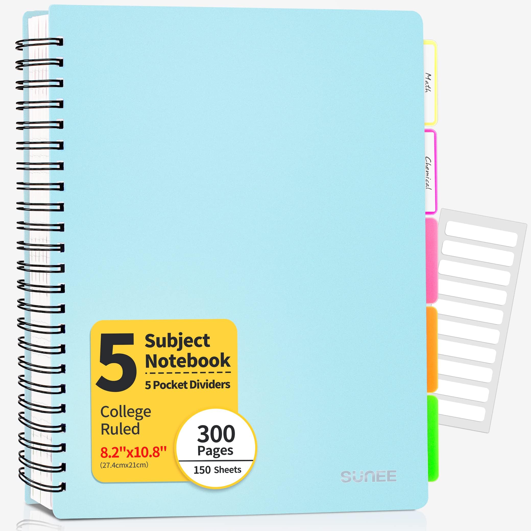 Amazon.com : SUNEE 5 Subject Notebook College Ruled - 300 Pages, 8.2 ...