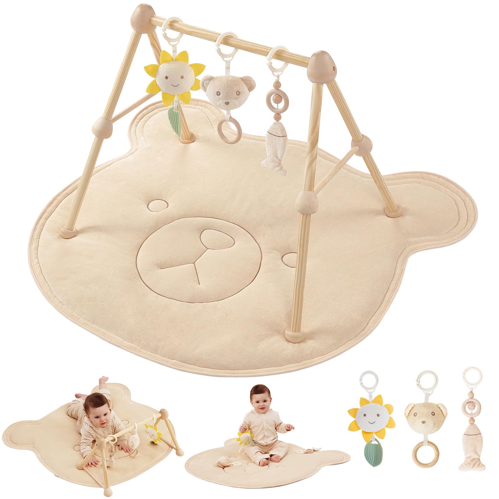 Amazon.com: COTTONBEBE Wooden Baby Gym Cotton Play Mat, 4-in-1 Super ...