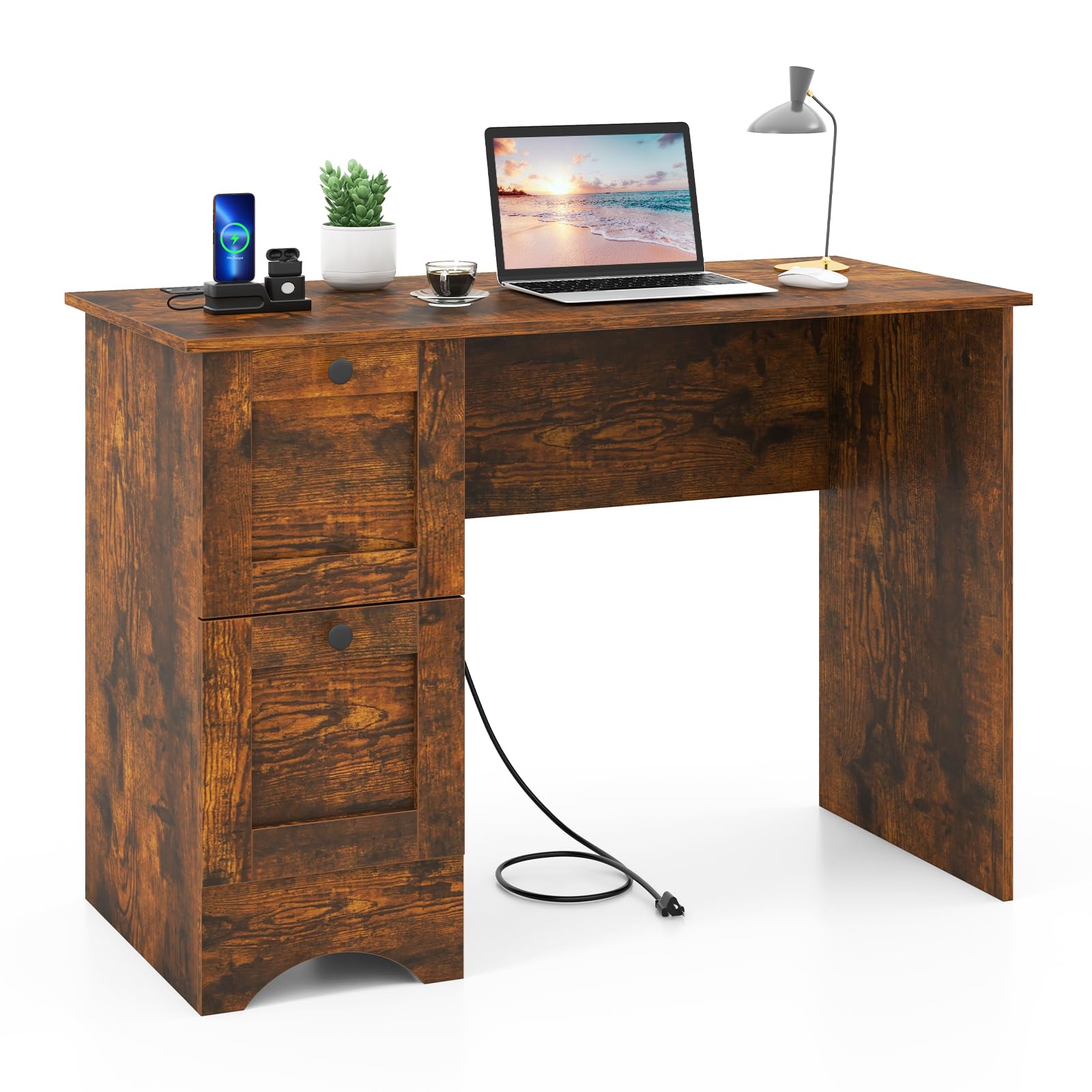 Amazon.com: Tangkula Computer Desk with Drawers & Charging Station ...
