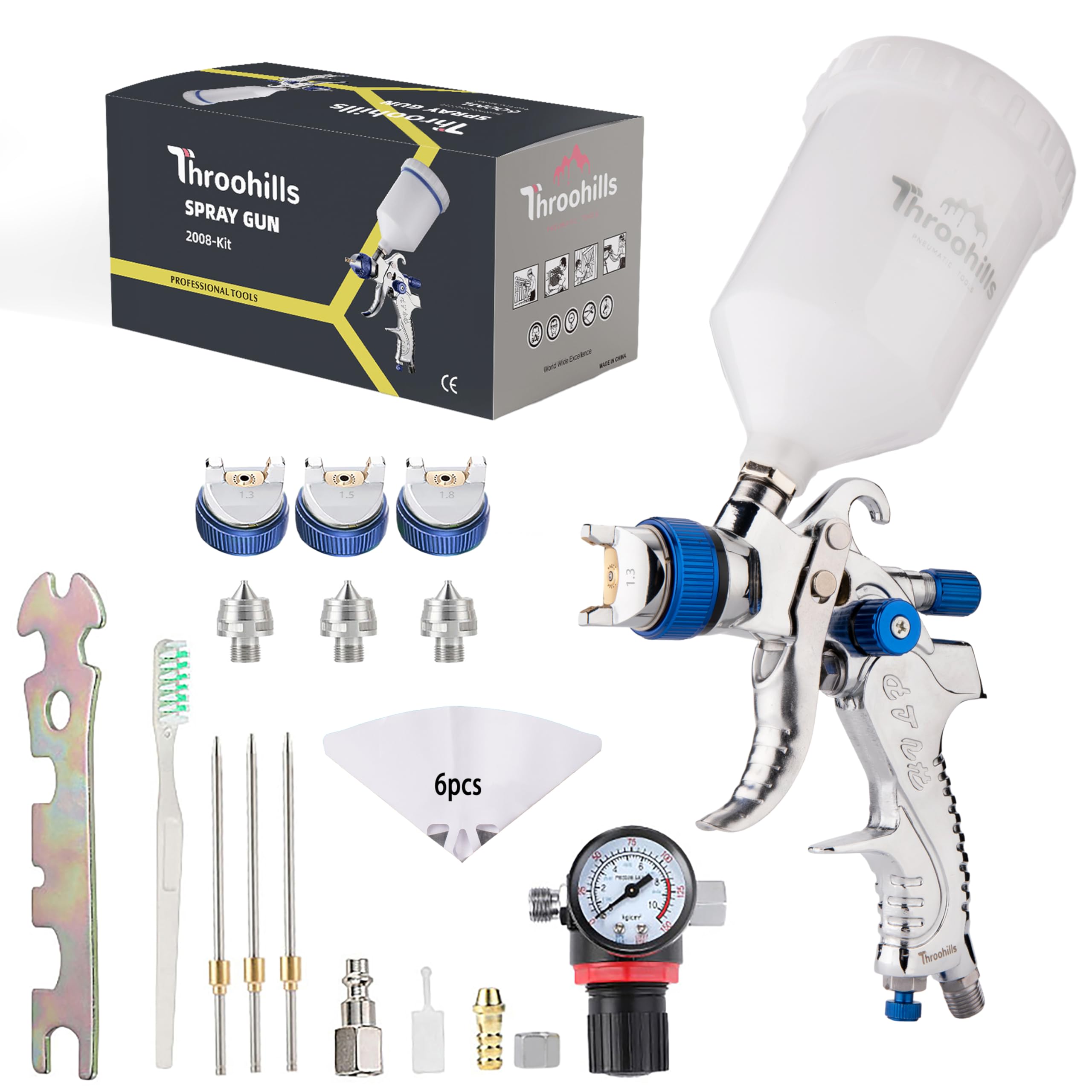 Throohills Professional HVLP Spray Gun, 1.3/1.5/1.8mm Nozzle HVLP High ...