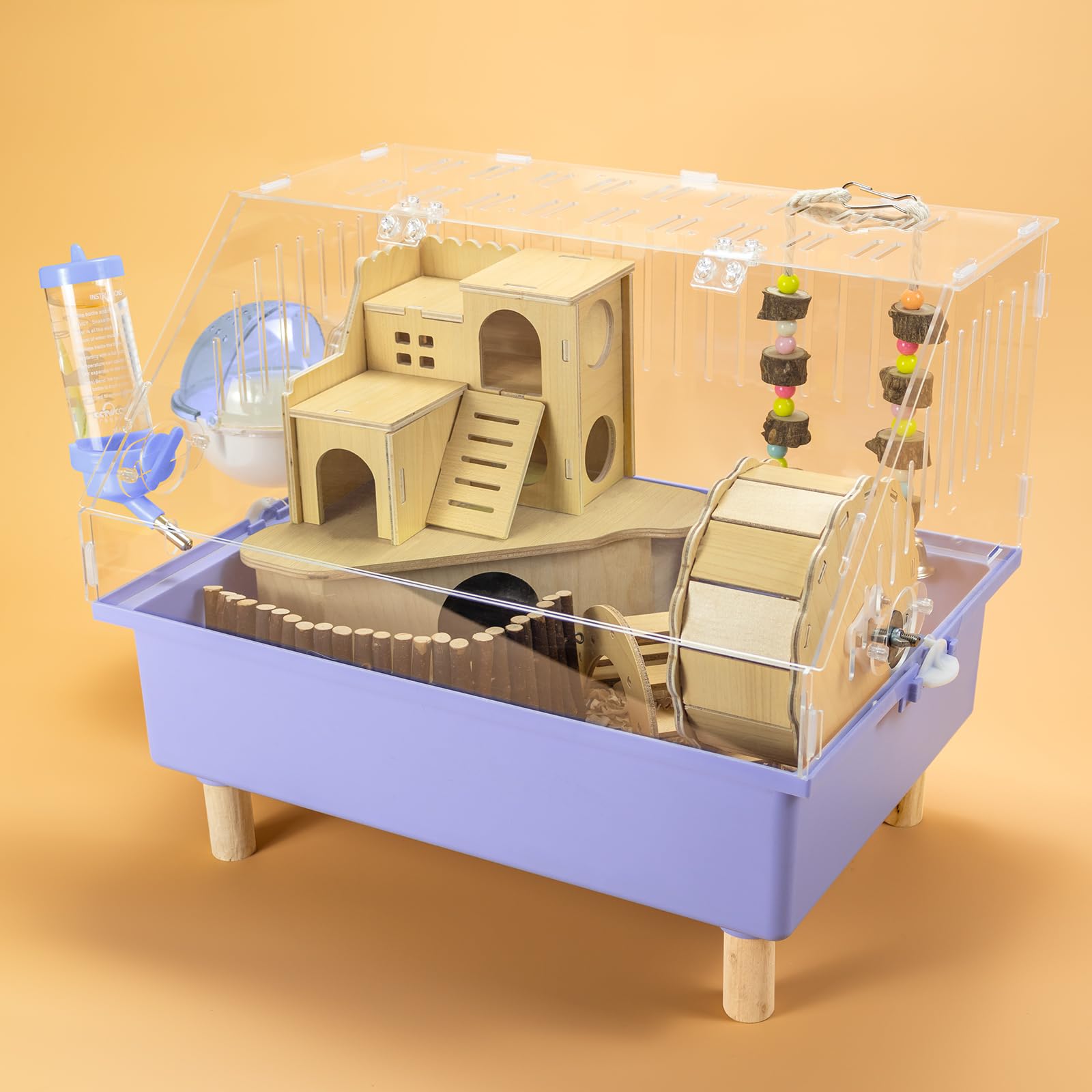 RunDuck Acrylic Hamster Cage with Wooden Legs, House, Exercise Wheel ...