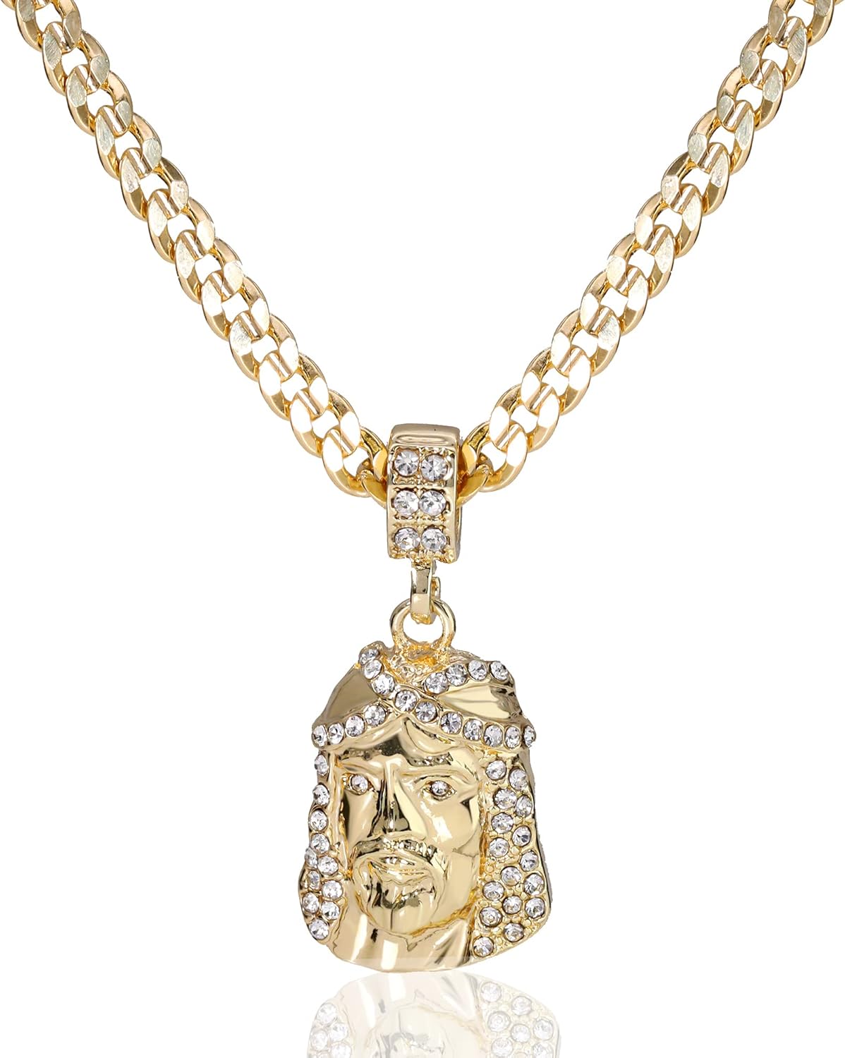 Mens Gold Tone Cz Jesus Face Pendant Hip-hop 6mm 24" Cuban Chain ...