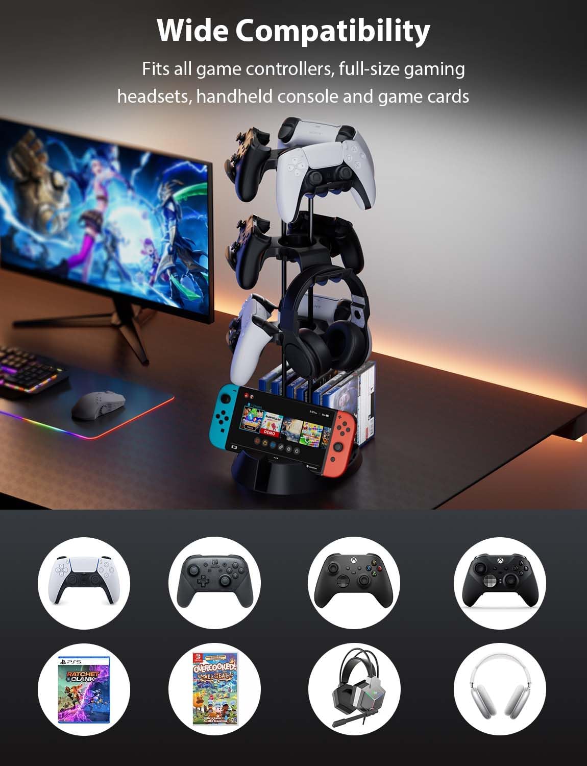 Controller Holder with Organizer Base, 3 Tiers Desk Gaming Controller ...
