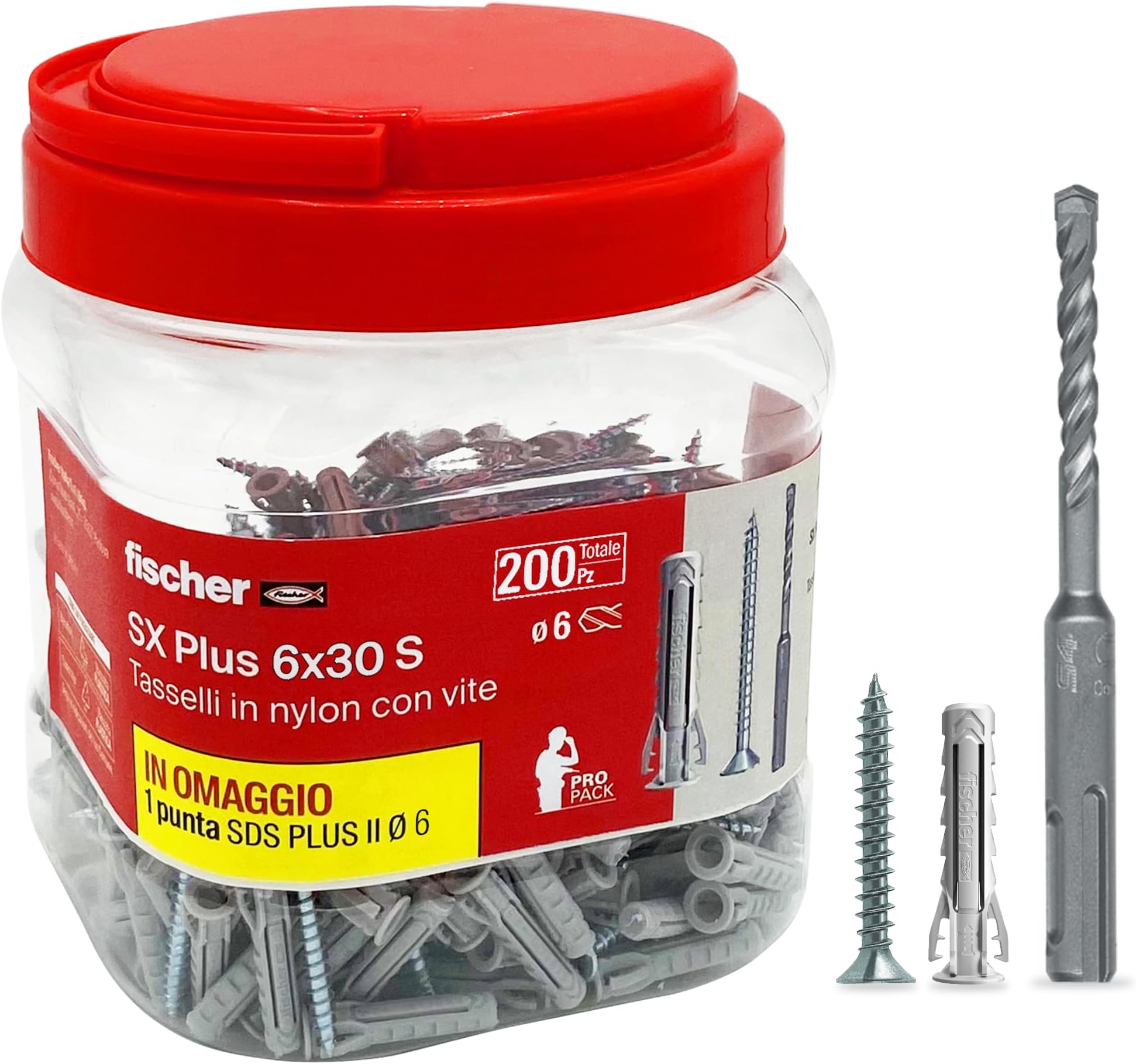 fischer Propack SX Plus 6 S, 200 Tasselli 6x30 con Vite + Punta Trapano ...