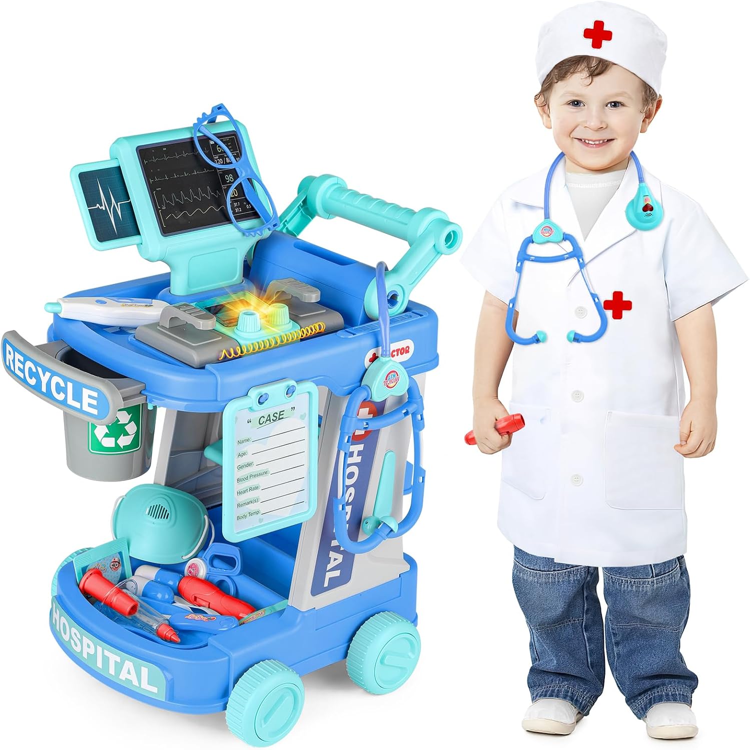 deAO Doctor Cart Kit for Kids Toy Pretend Playset with Doctor Costume ...