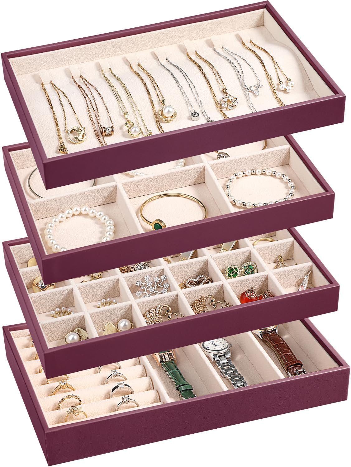 Amazon.com: LANDICI Stackable Jewelry Organizer Trays 4 Set,PU Leather ...