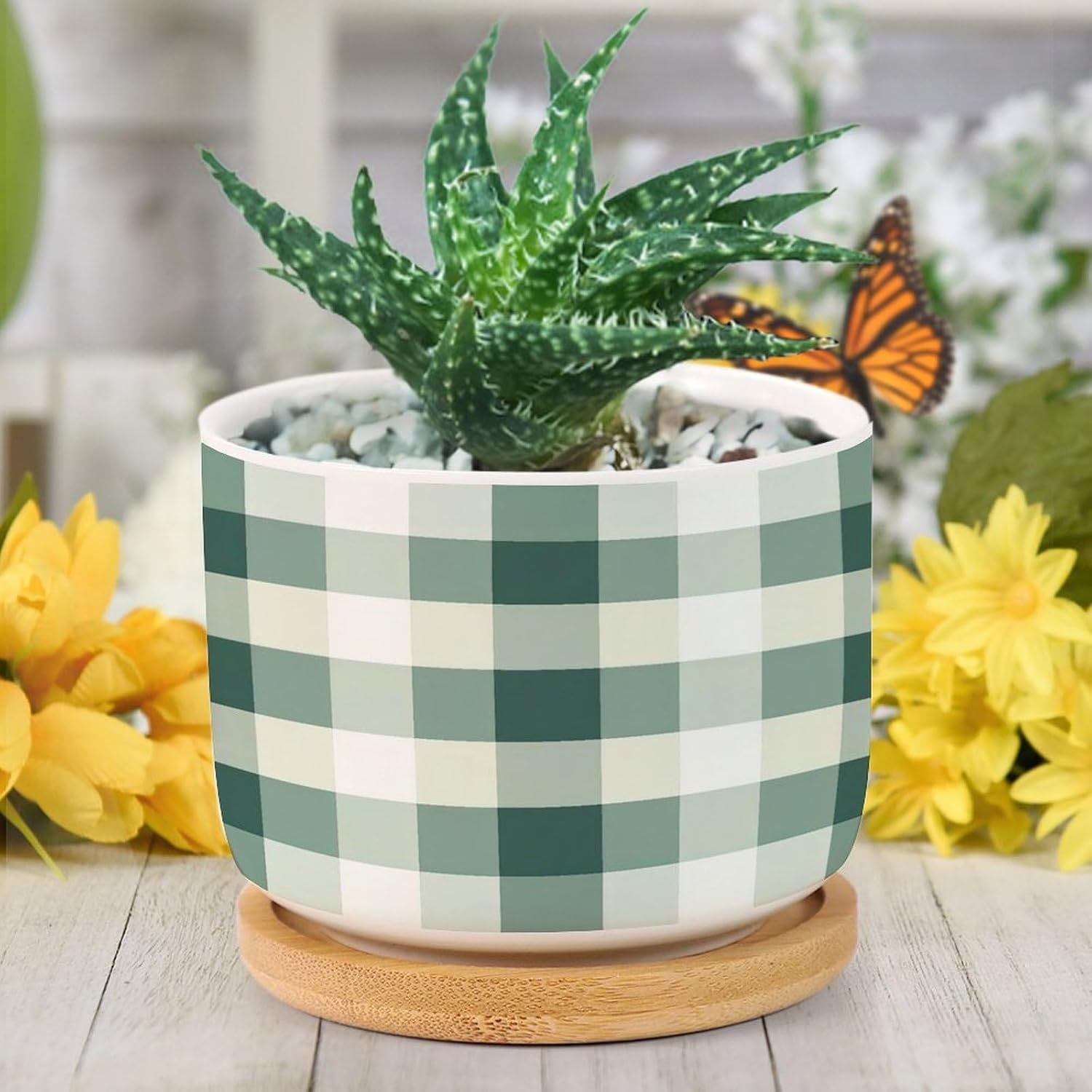 Amazon.com: BRUYU5SE Sage Green Buffalo Plaid Ceramic Planter Green ...