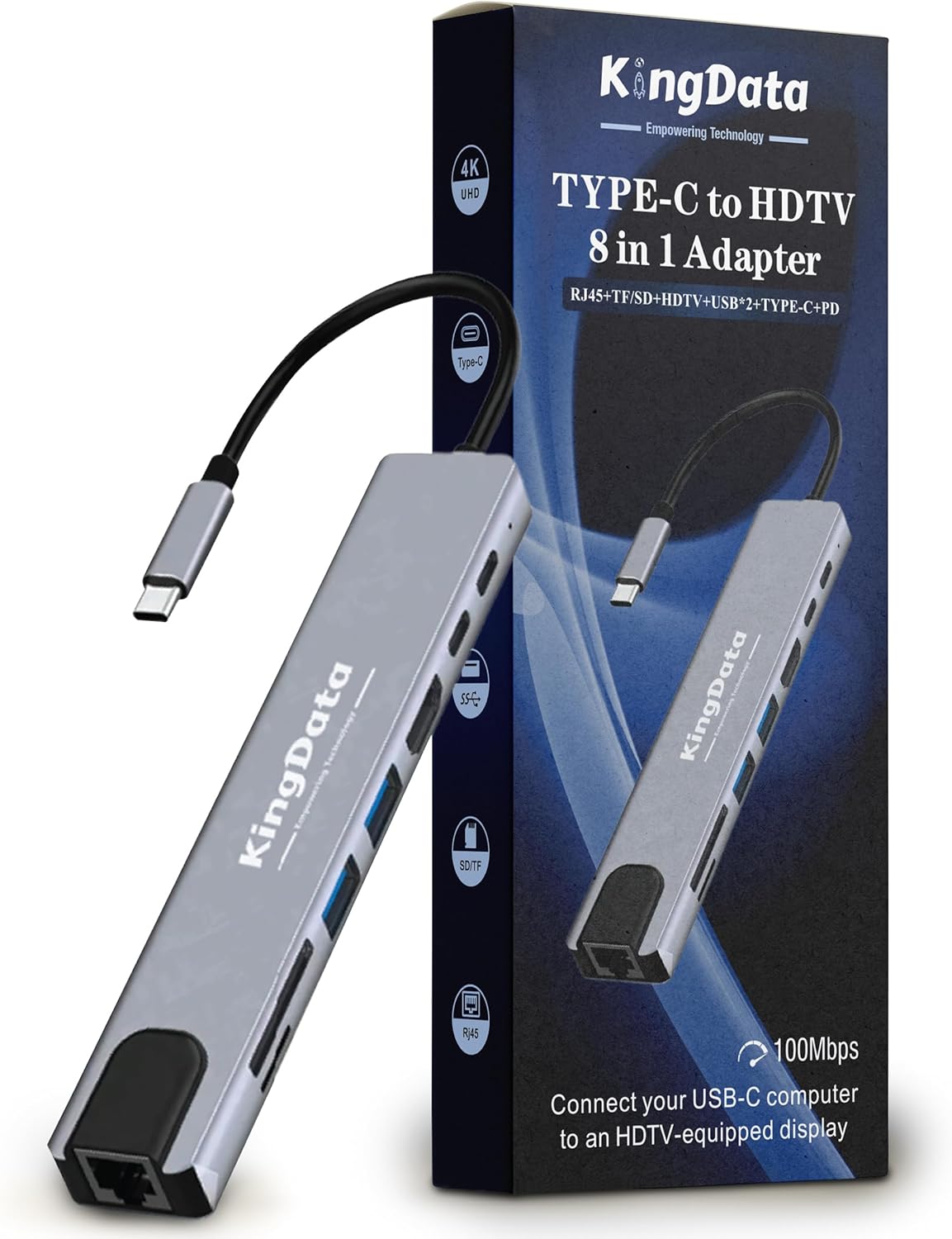 KingData USB C HUB, 8 in 1 Multiport Adapter with 87W PD, 4K HDMI, 2 USB-A Data Ports, USB Type ...