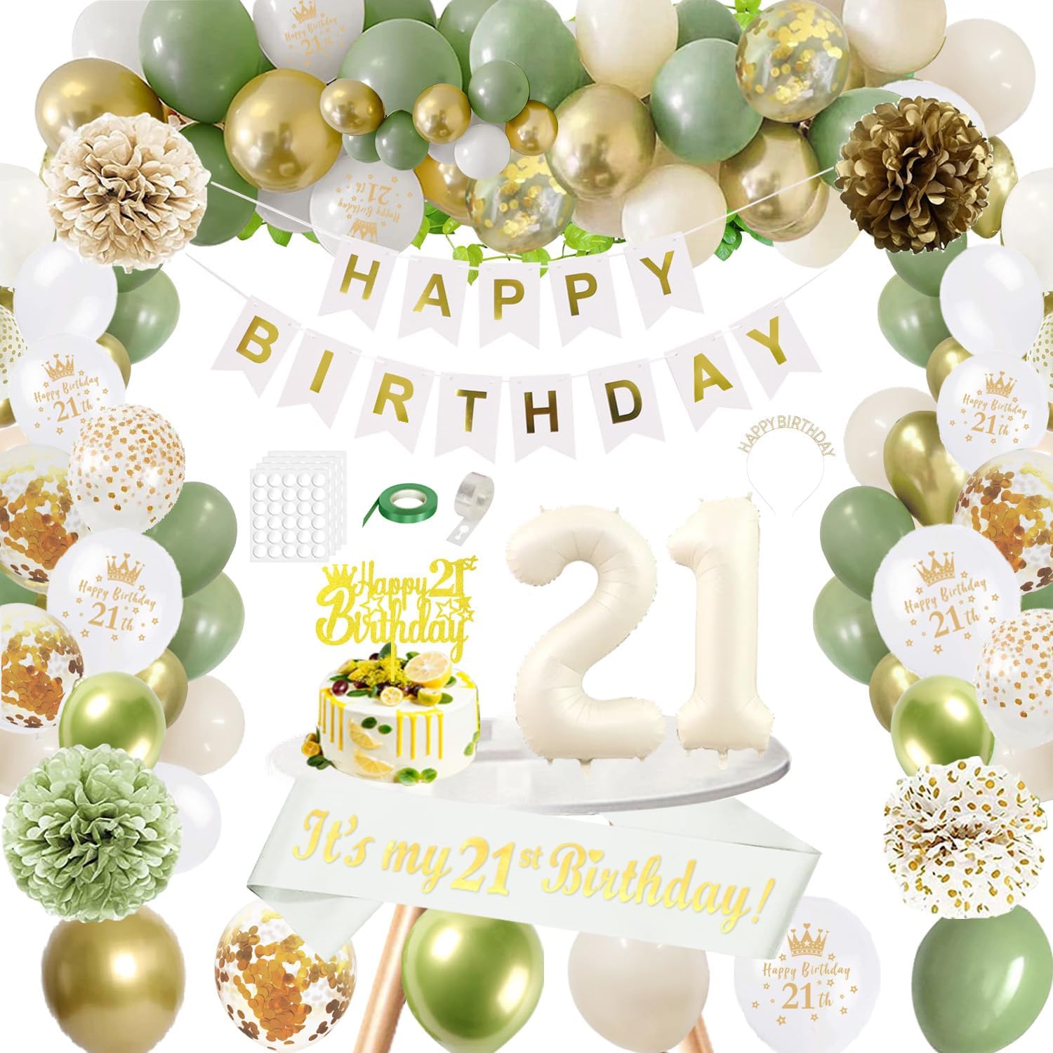 Amazon.com: GYESXYW Sage Green 21st Birthday Decorations for Her, Olive ...