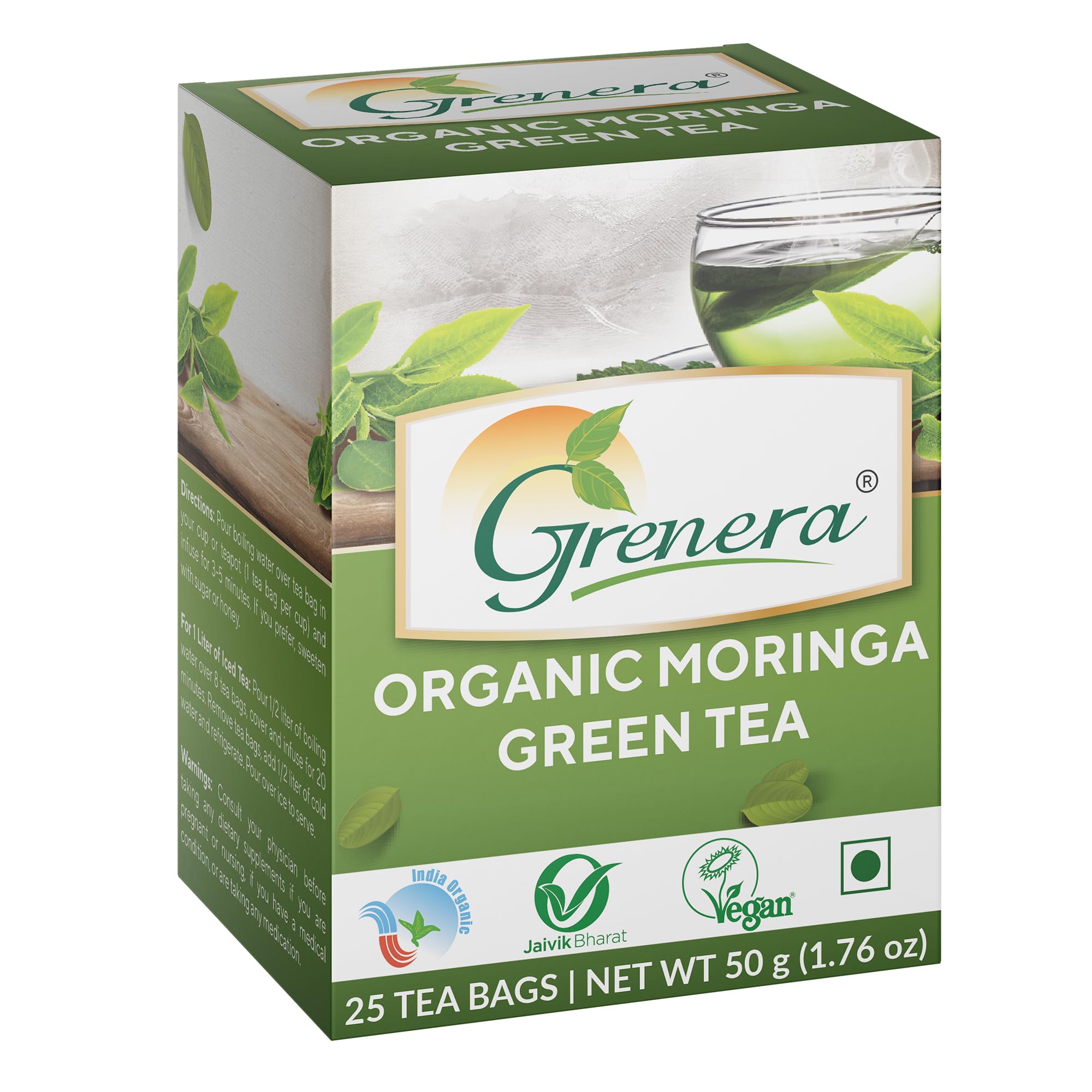 Grenera Organic Moringa Green Tea 25 Bags, Caffeine Free, Staple Free ...