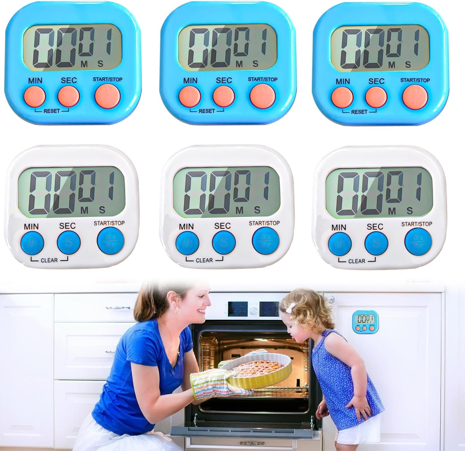 6 Pack Digital Kitchen Timer, Magnetic Kitchen Timer, Big Digits Loud ...