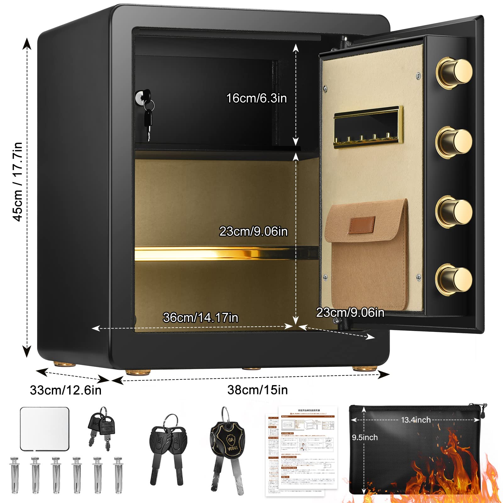 Large Safe Box Fireproof Waterproof, Home Safe with Fireproof File Bag ...