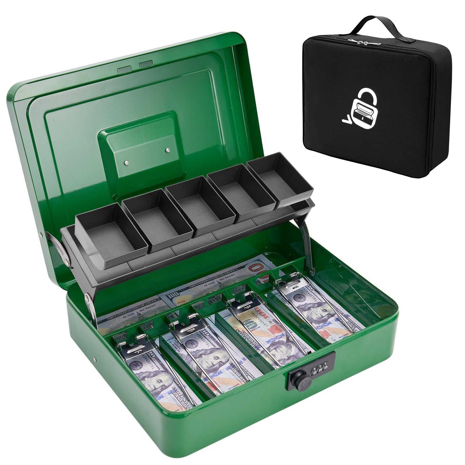 Amazon.com: Locking Cash Box with Carry Bag, Metal Money Box with Money ...